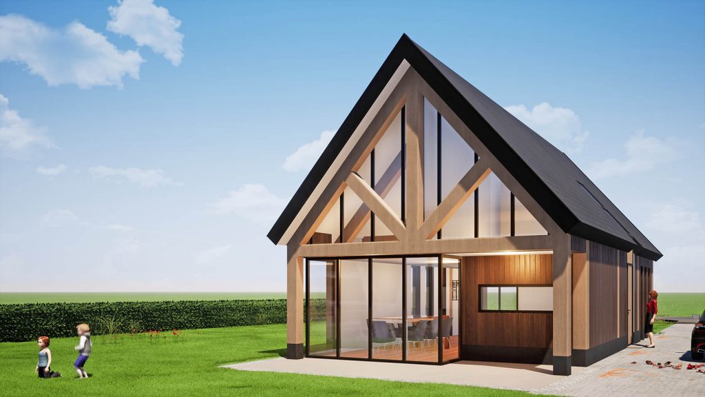 Schuurwoning met kenmerkende houten spanten van Roscobouw - Schuurwoningen